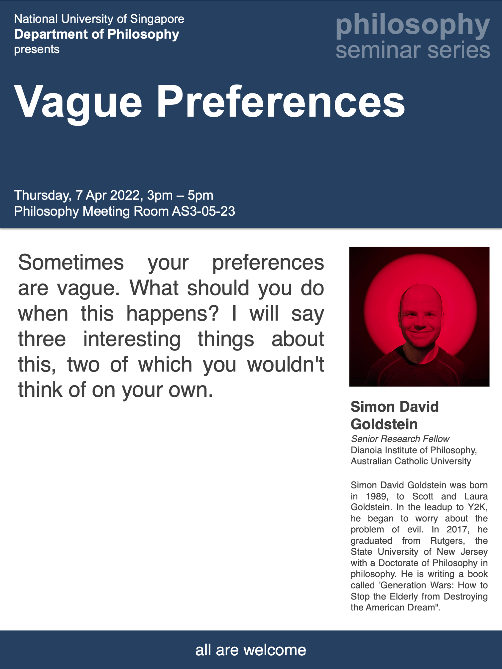“Vague Preferences” by Dr. Simon David Goldstein – Department of Philosophy